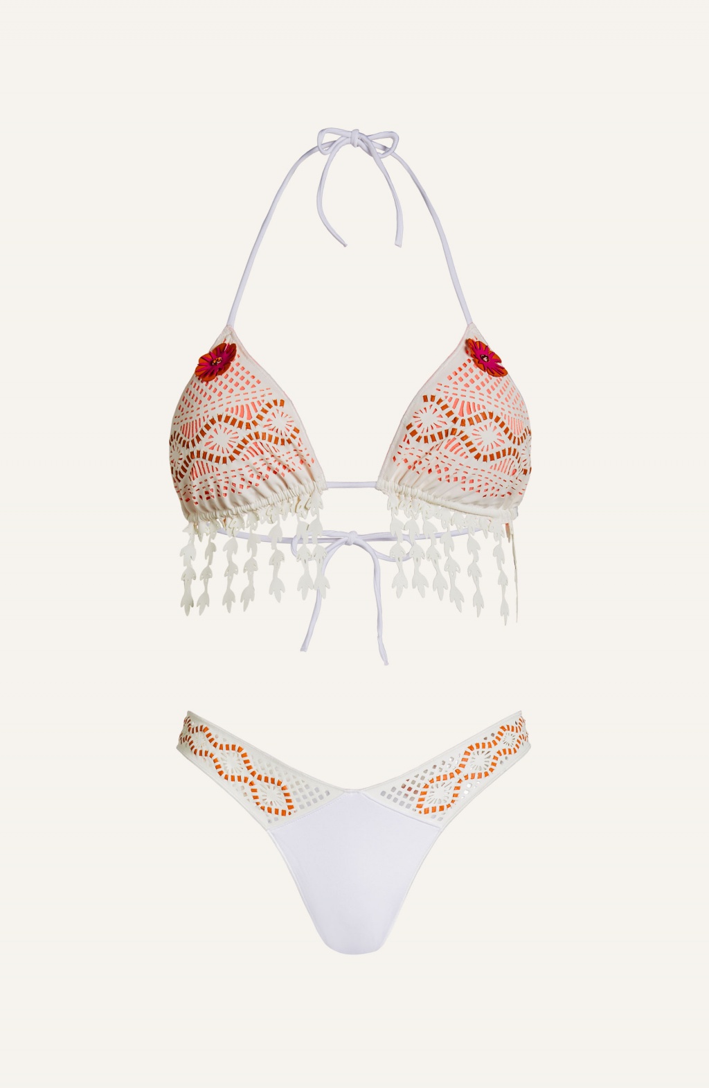 Triangle Bikini Padded Slip Embroidery Flowers Laser Size S Color Beige